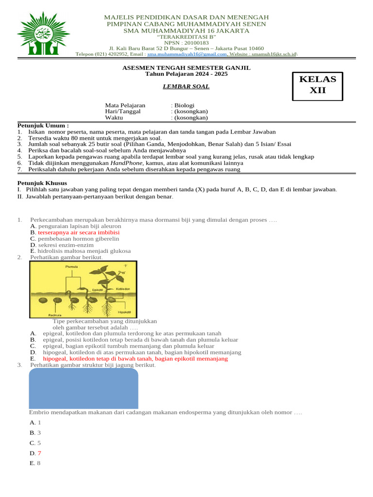 Soal Biologi Ats Ganjil Kelas Xii Tp. 2024-2025 | PDF