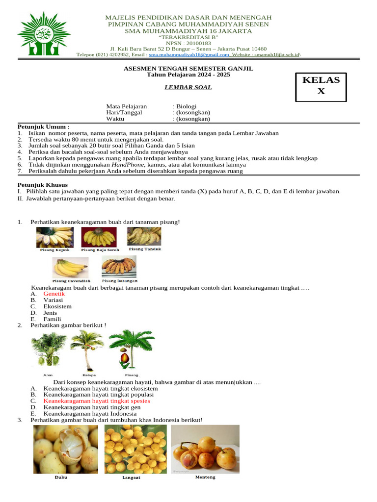 Soal Biologi Ats Ganjil Kelas X Tp. 2024-2025 | PDF