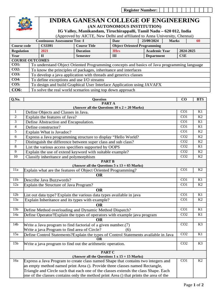 CS3391- OOPS CAT QP template (1) | PDF | Class (Computer Programming ... CS3391- OOPS CAT QP template (1) | PDF | Class (Computer Programming ...