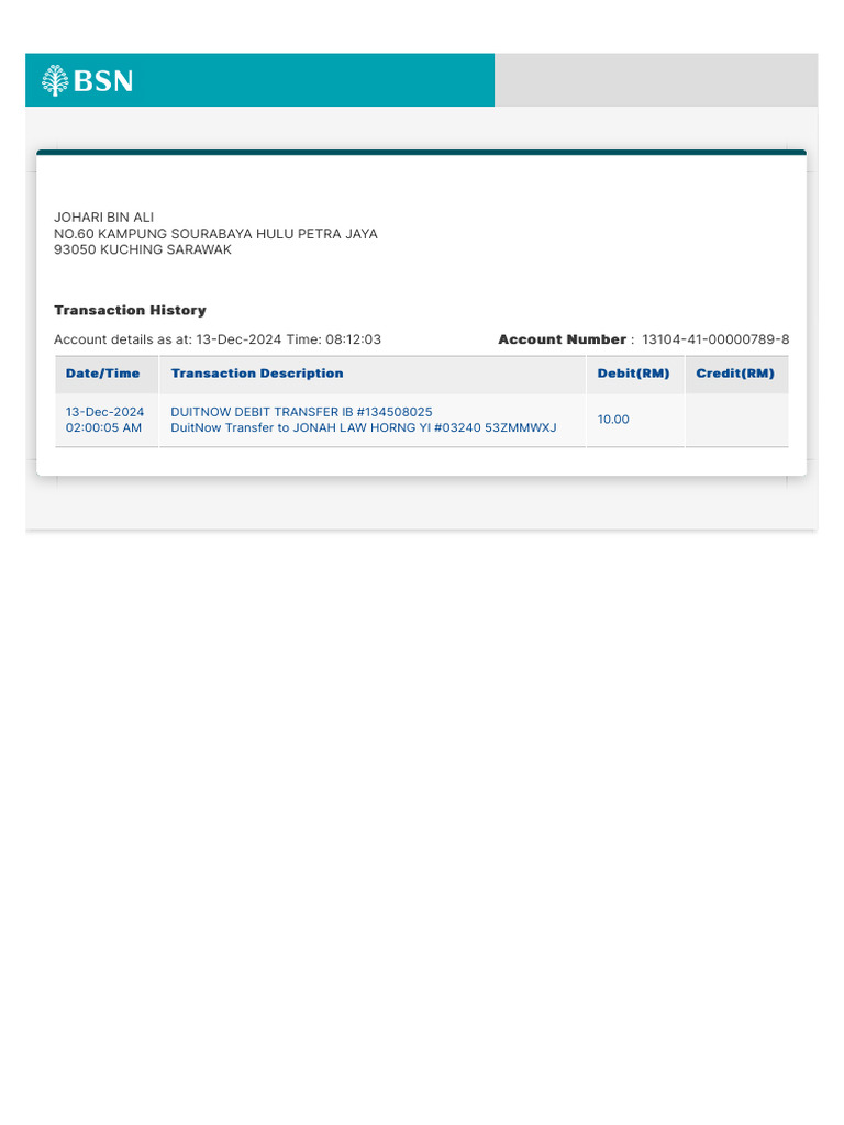 myBSN - Transaction History - Bank Simpanan Nasio | PDF