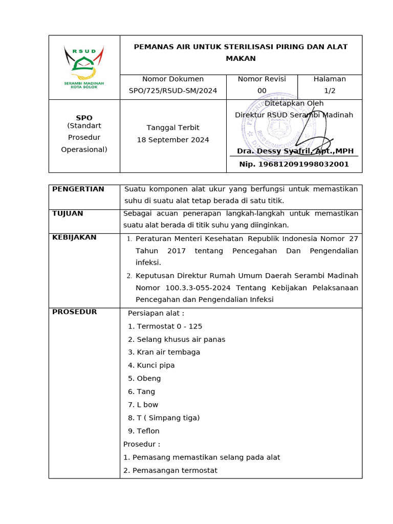 SOP Pemanas Air Untuk Sterilisasi Piring Dan Alat Makan | PDF