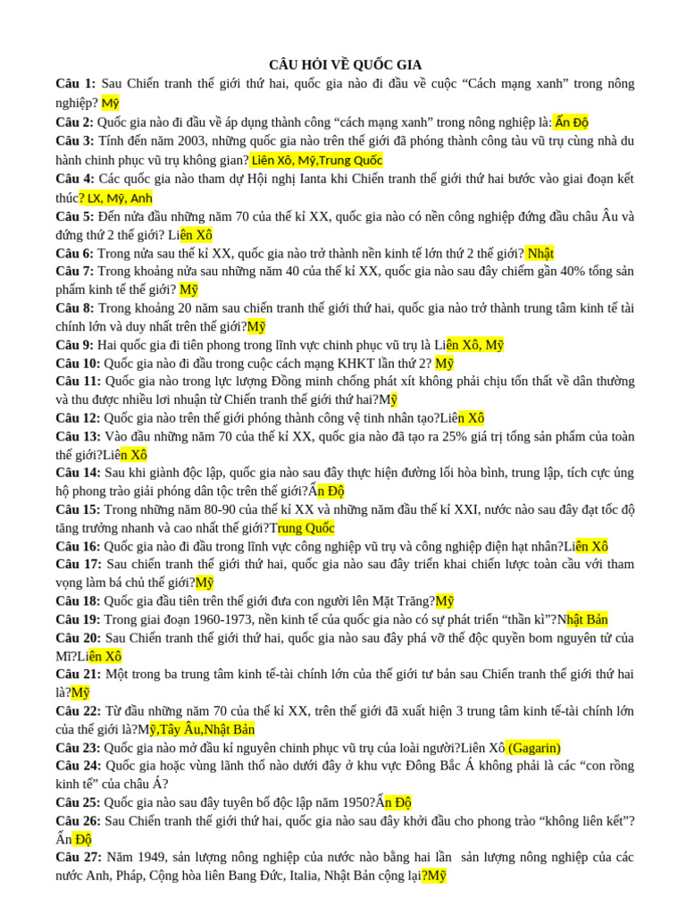 BÀI TẬP QUỐC GIA SAU CTTG II | PDF