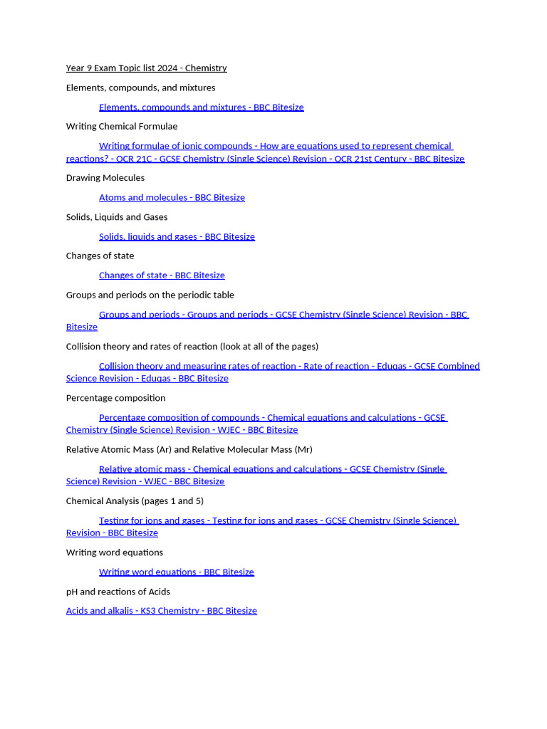 Year 9 Chemistry Exam 2024 - Topic List | PDF