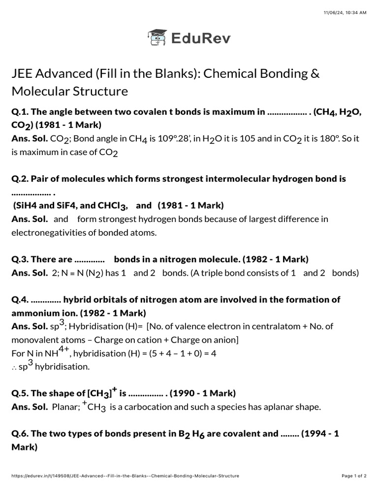 JEE Advanced (Fill in the Blanks): Chemical Bonding and Molecular ...