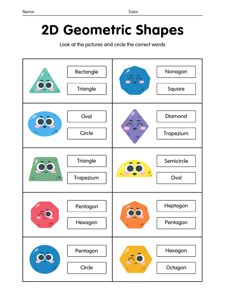 2D Geometric Shapes Vocabulary Set of Worksheets in Colorful Simple ...