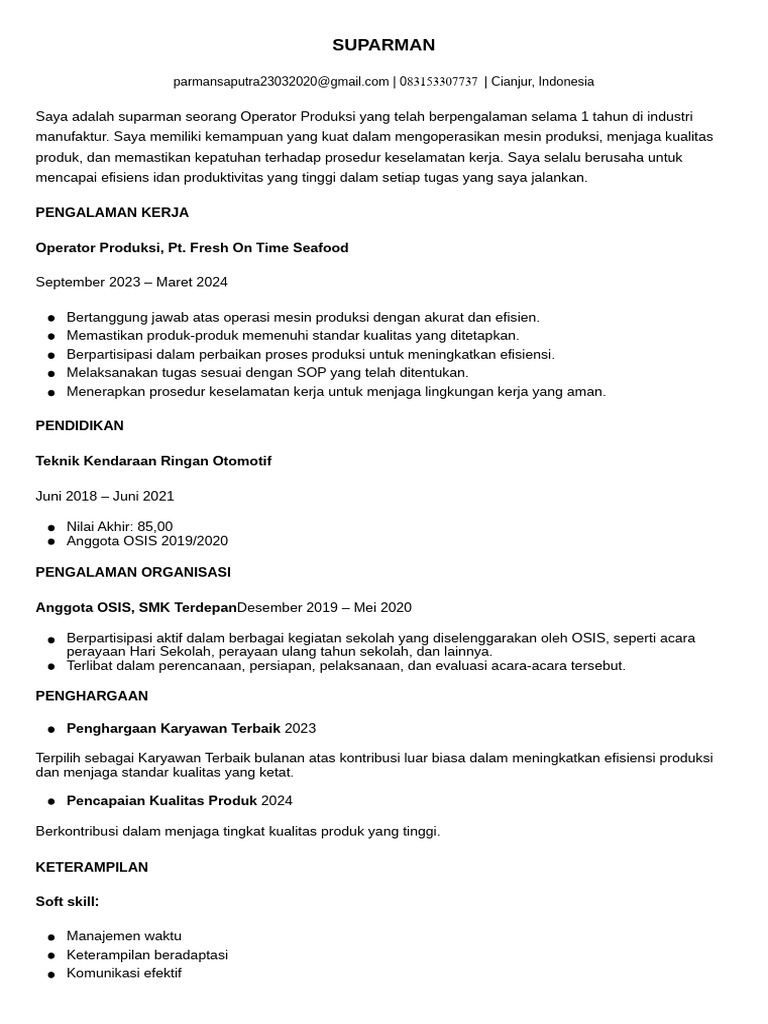 CV ATS Operator Produksi Terbaru - Docx - 20240904 - 011553 - 0000 | PDF