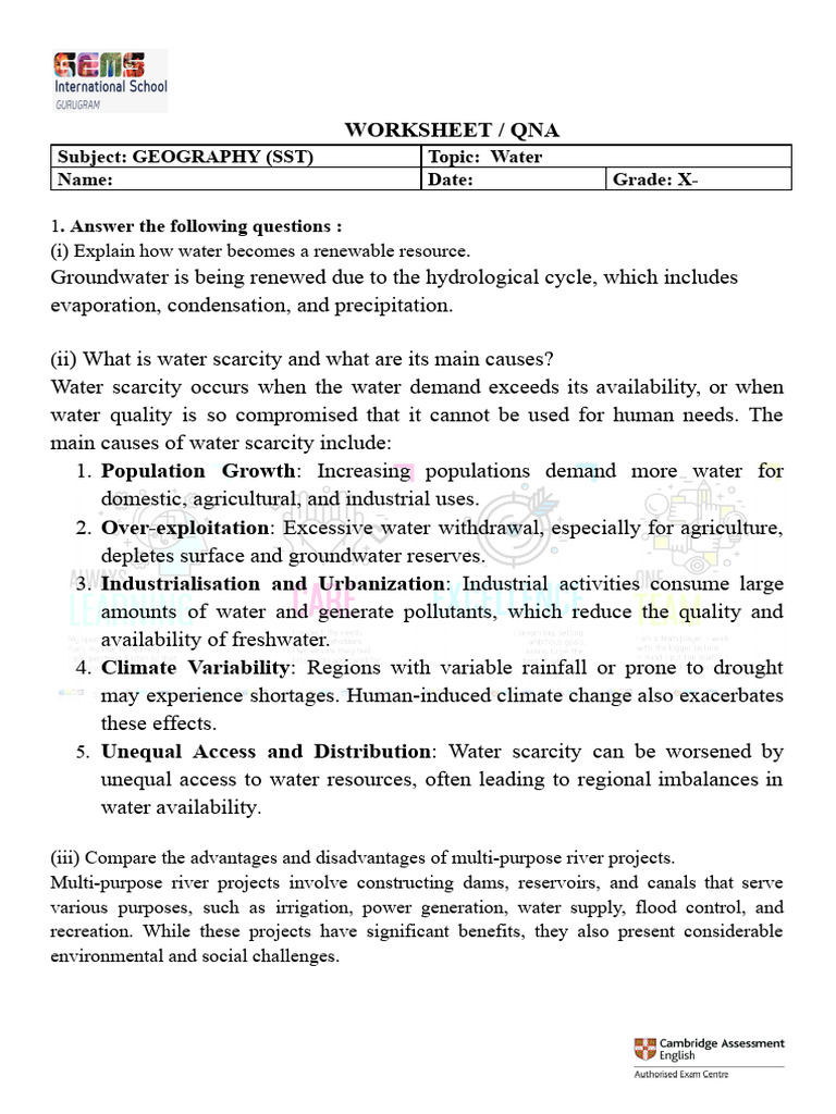 3. water worksheet.docx class10 | PDF | Water Scarcity | Flood