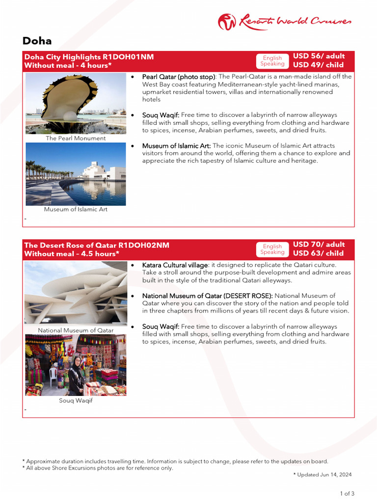 Doha Excursions 2 Nights RW1 | PDF | Doha | Qatar