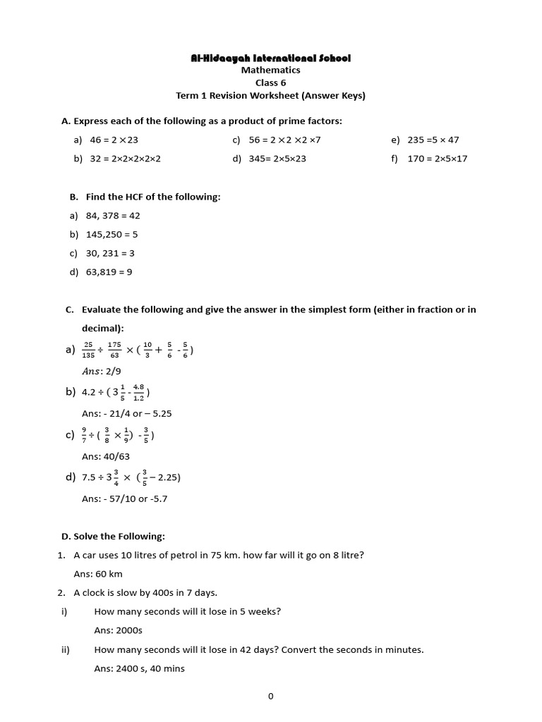 Class 6 Revision Worksheet Answer key | PDF | Mathematics | Arithmetic