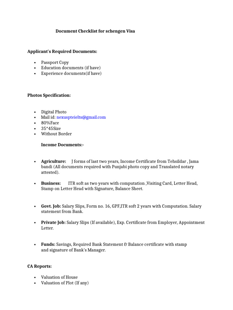 Checklist For Schengen Tourist Visa and Super Visa | PDF