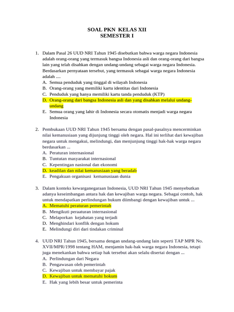 PKN Pas Latihan Soal SMT I KLS 12 | PDF
