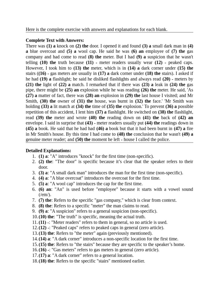 Article Usage Exercise with Answers | PDF | Noun | Linguistics