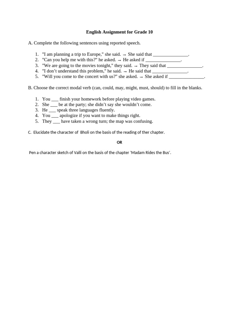 English Assignment For Grade 10 | PDF