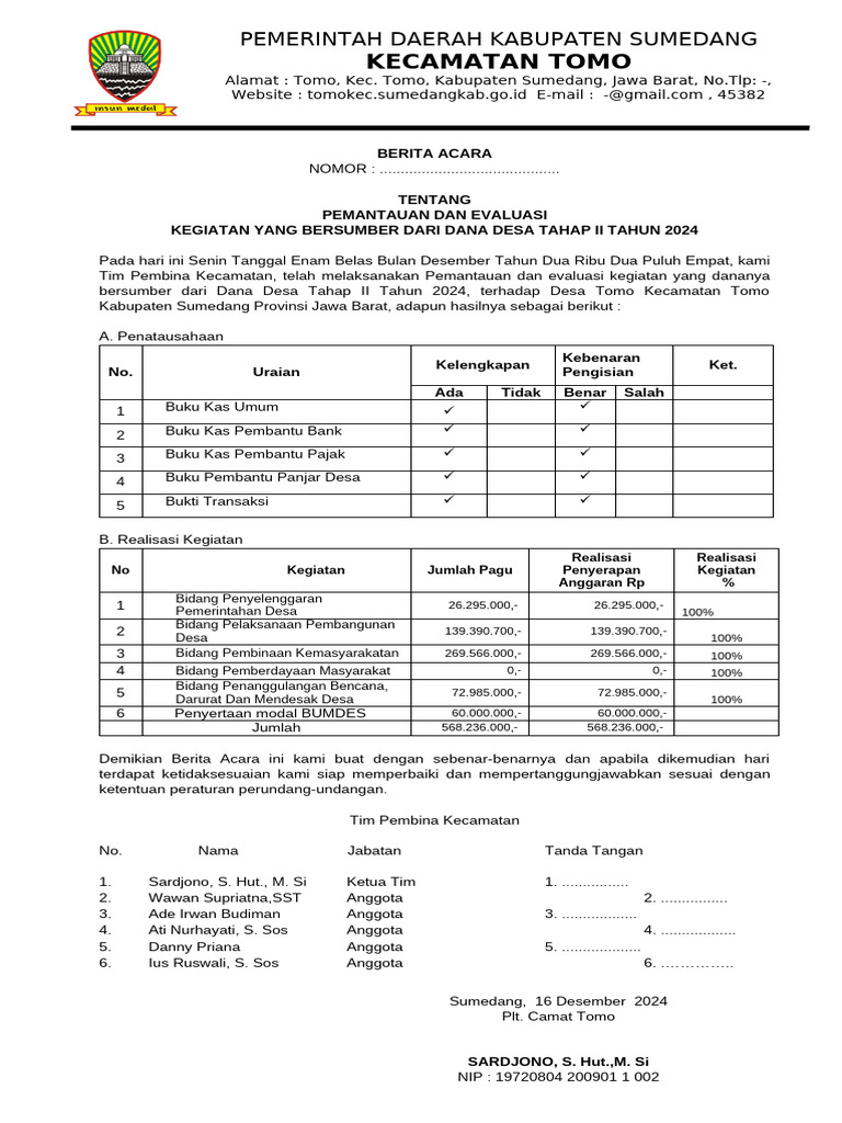 FORM Berita Acara Monev DD Tahap II Tahun 2024 Desa Tomo | PDF