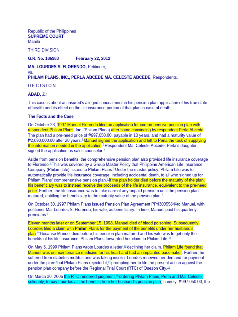 Misrepresentation - Florendo Vs Philam Plans | PDF | Life Insurance ...