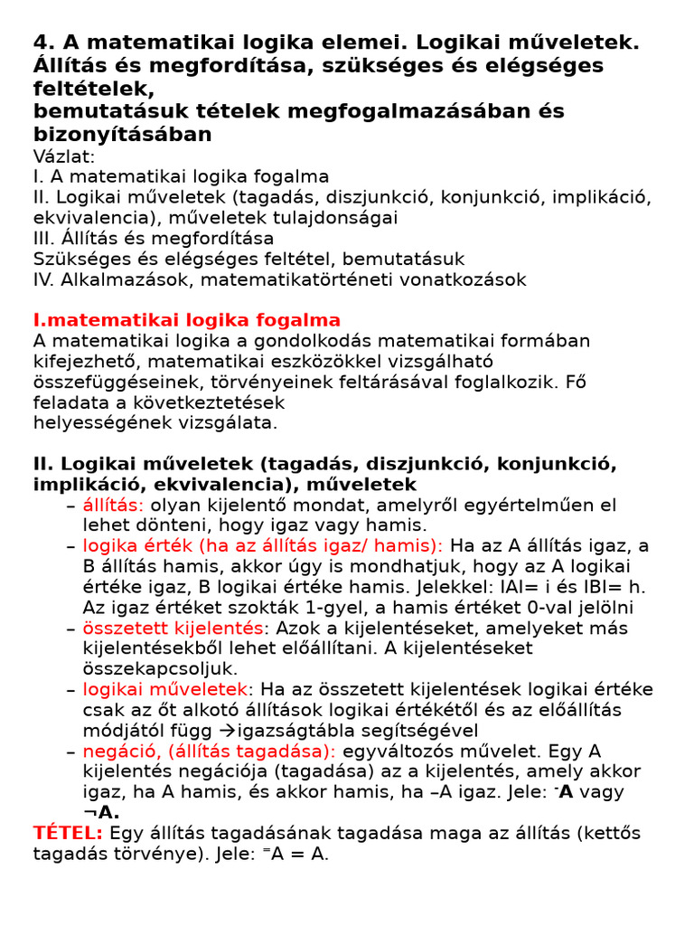 A Matematikai Logika Elemei. Logikai Mûveletek. | PDF
