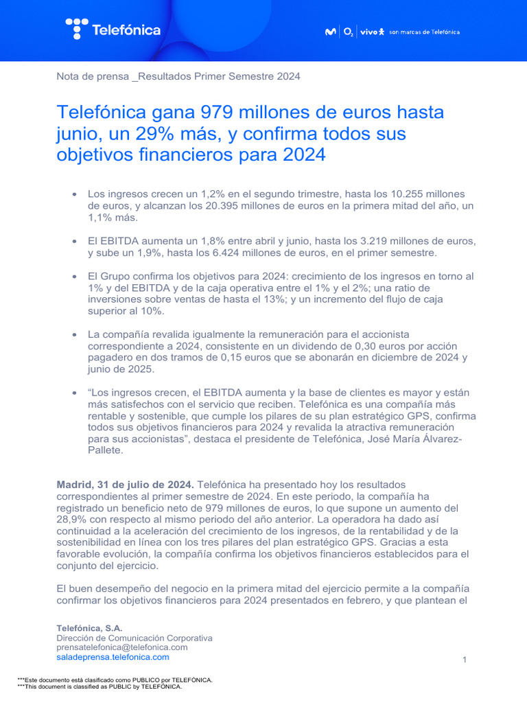 Resultados Telefonica 2t 2024 Nota de Prensa | PDF | España ...