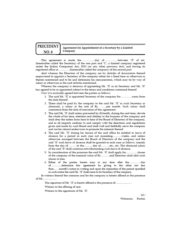 Secretary Appointment Agreement Template | PDF | Salary | Common Law
