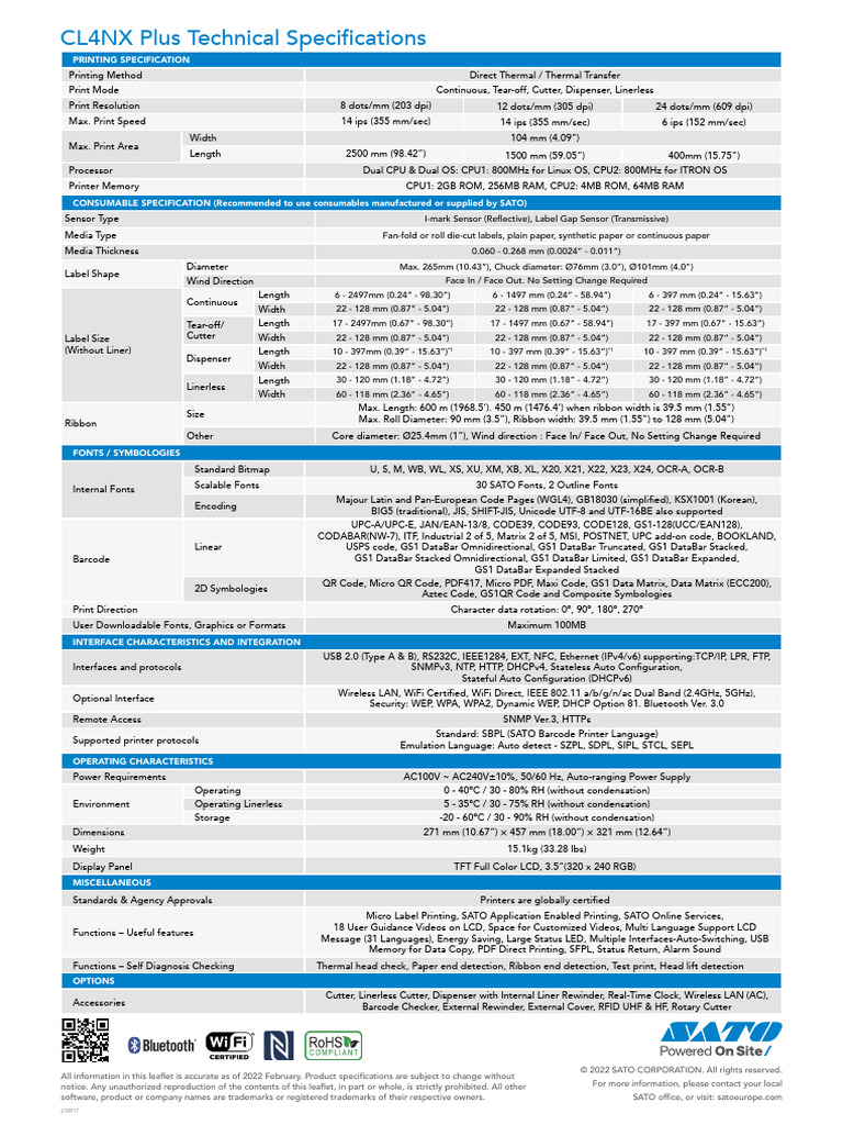 CL4NX Plus Printer Datasheet | PDF | Wi Fi | Printer (Computing)