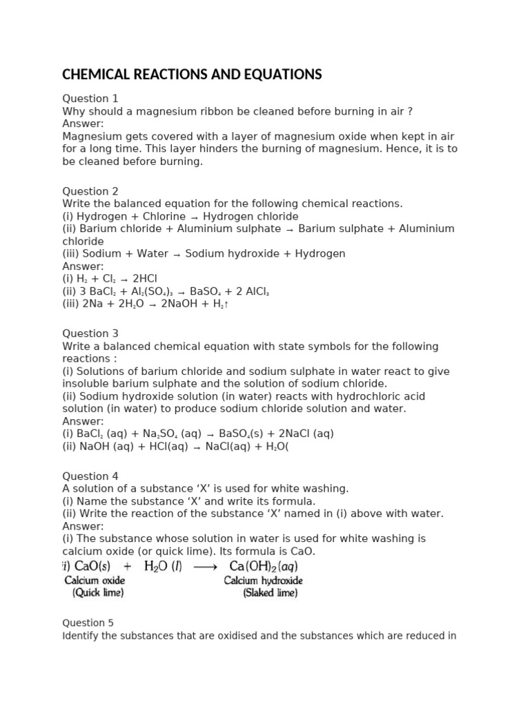 Chemical Reactions and Equations Practice Questions - Ic926376 | PDF ...