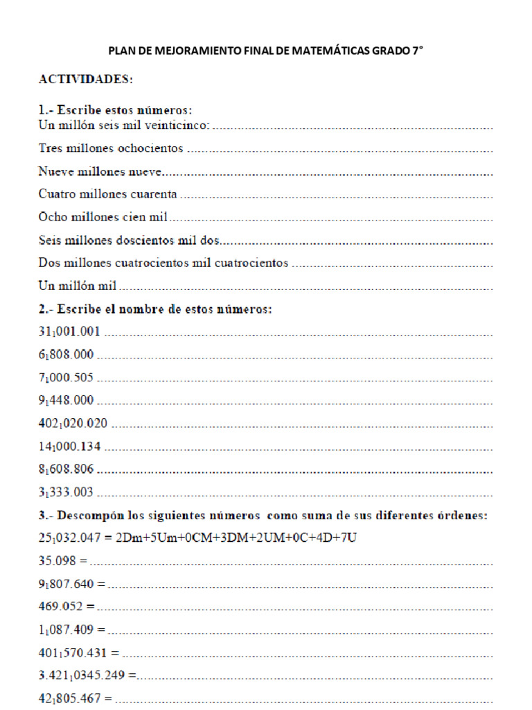 Recuperacion Final de Matematicas Grado 7° | PDF