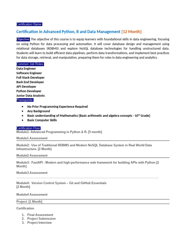 Certification in Advanced Python, R and Data Management 18.12.24 | PDF | Postgre Sql | Databases
