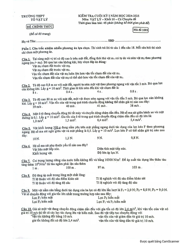 MĐC Lý 10 HKI 2024 | PDF