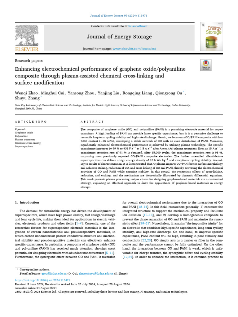 Enhancing Electrochemical Performance of Graphene Oxide Polyaniline Composite Through Plasma ...