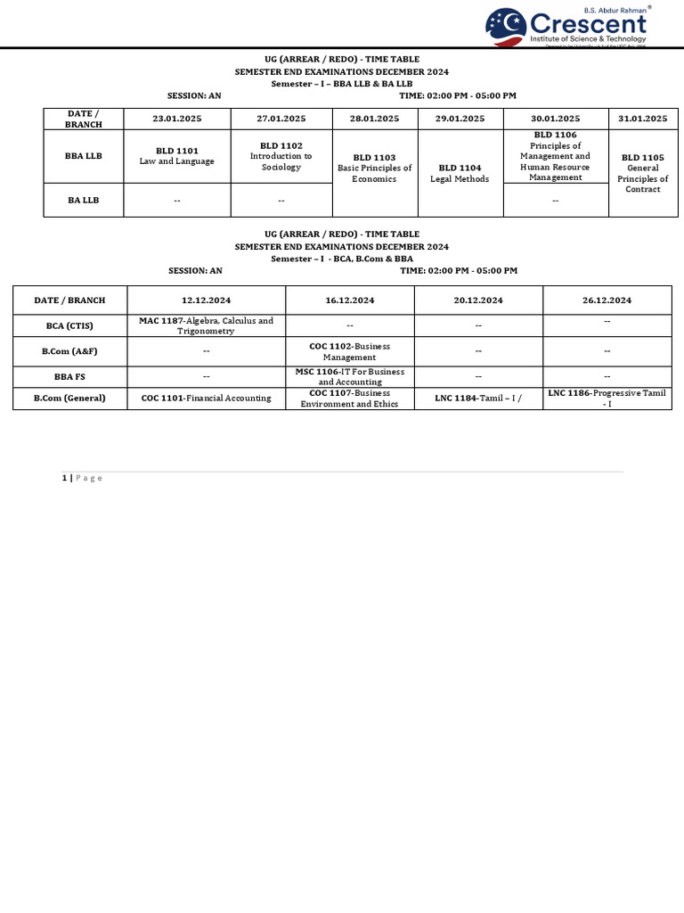 UG Exam Timetable Dec 2024 | PDF