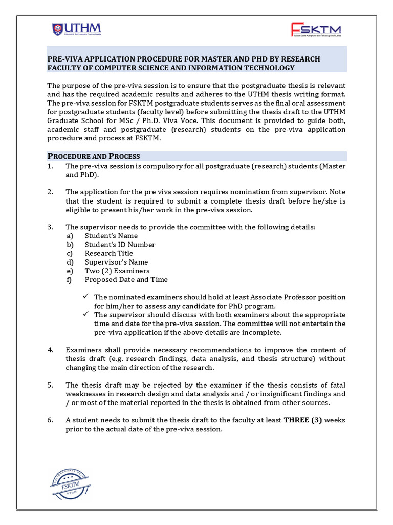 Pre-Viva Procedure for FSKTM Postgraduates | PDF | Thesis | Doctor Of ...