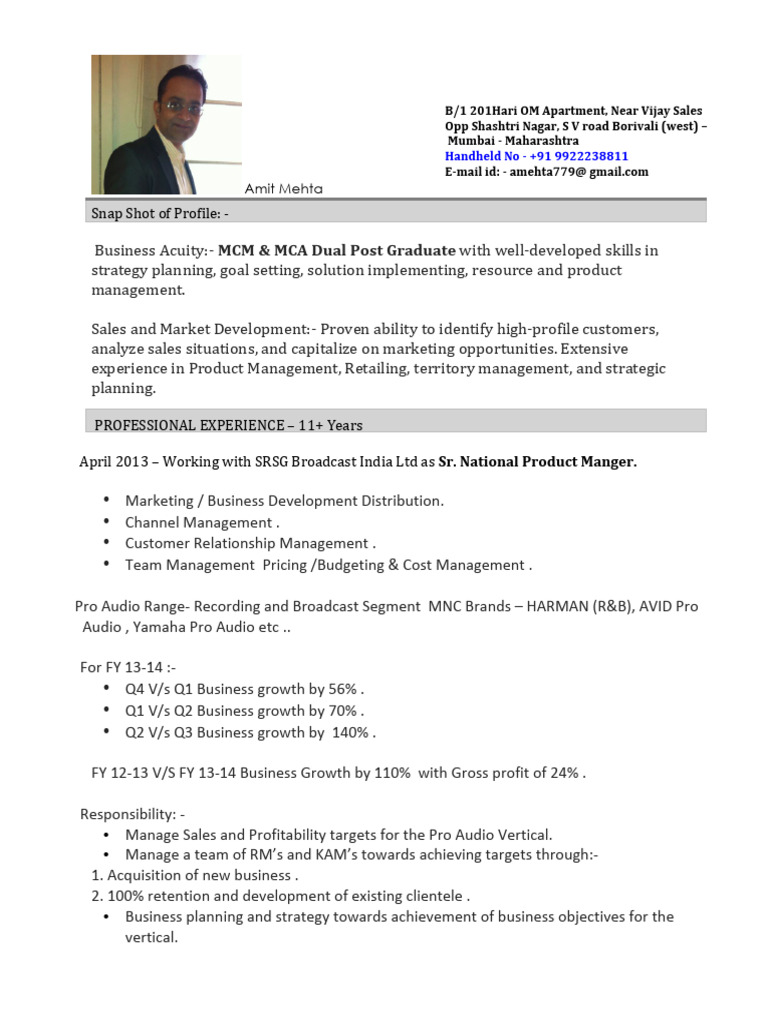 Amit Mehta Resume Updated ! Template | PDF | Sales | Marketing