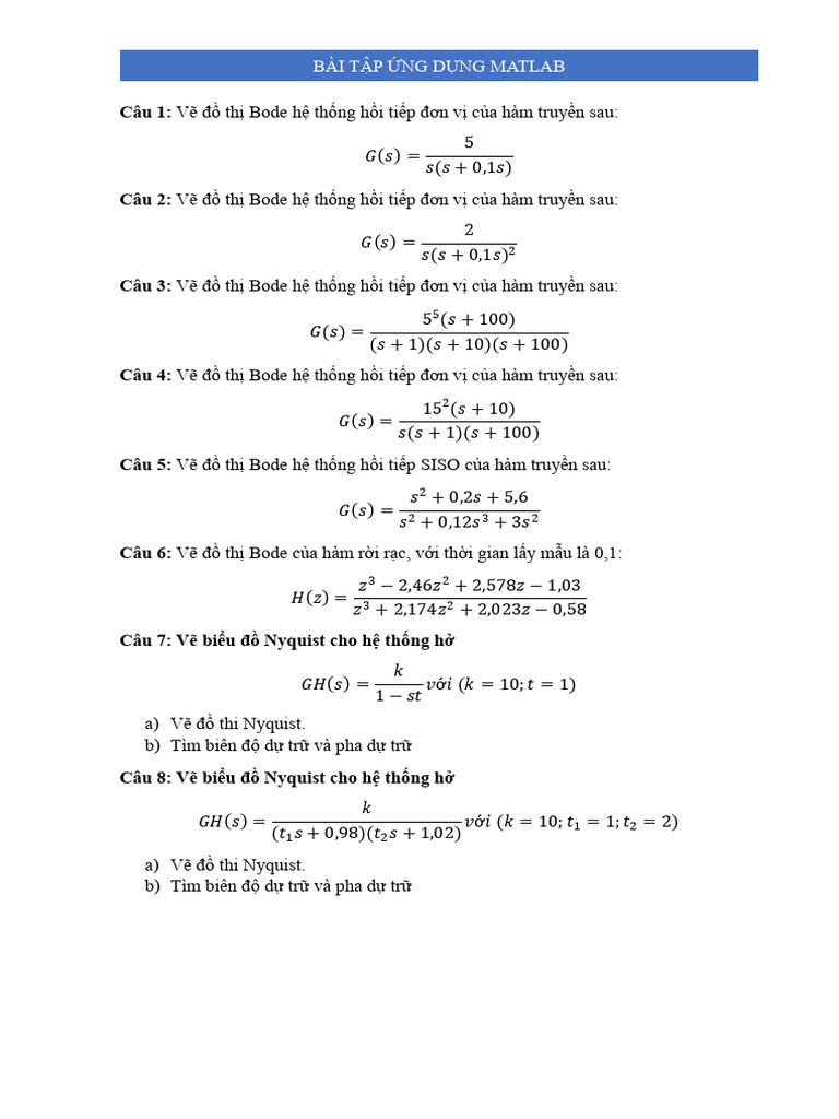 Bài tập MATLAB vẽ đồ thị BODE - NYQUIST | PDF