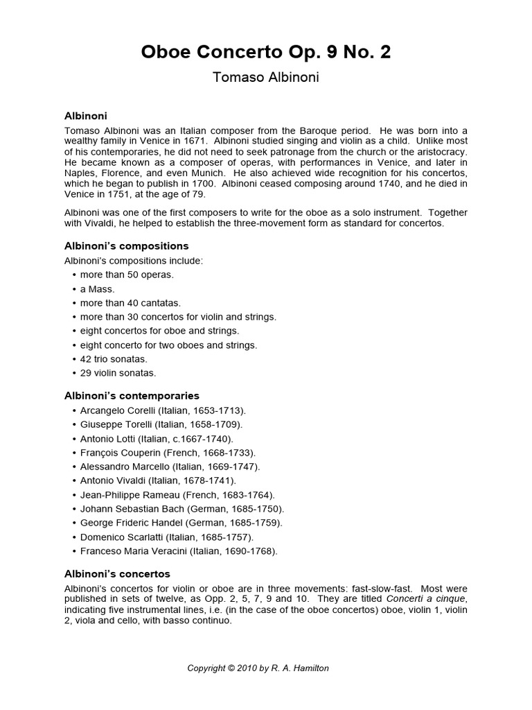 Albinoni Oboe Concerto in D Min Analysis | PDF | Concerto | Musicology