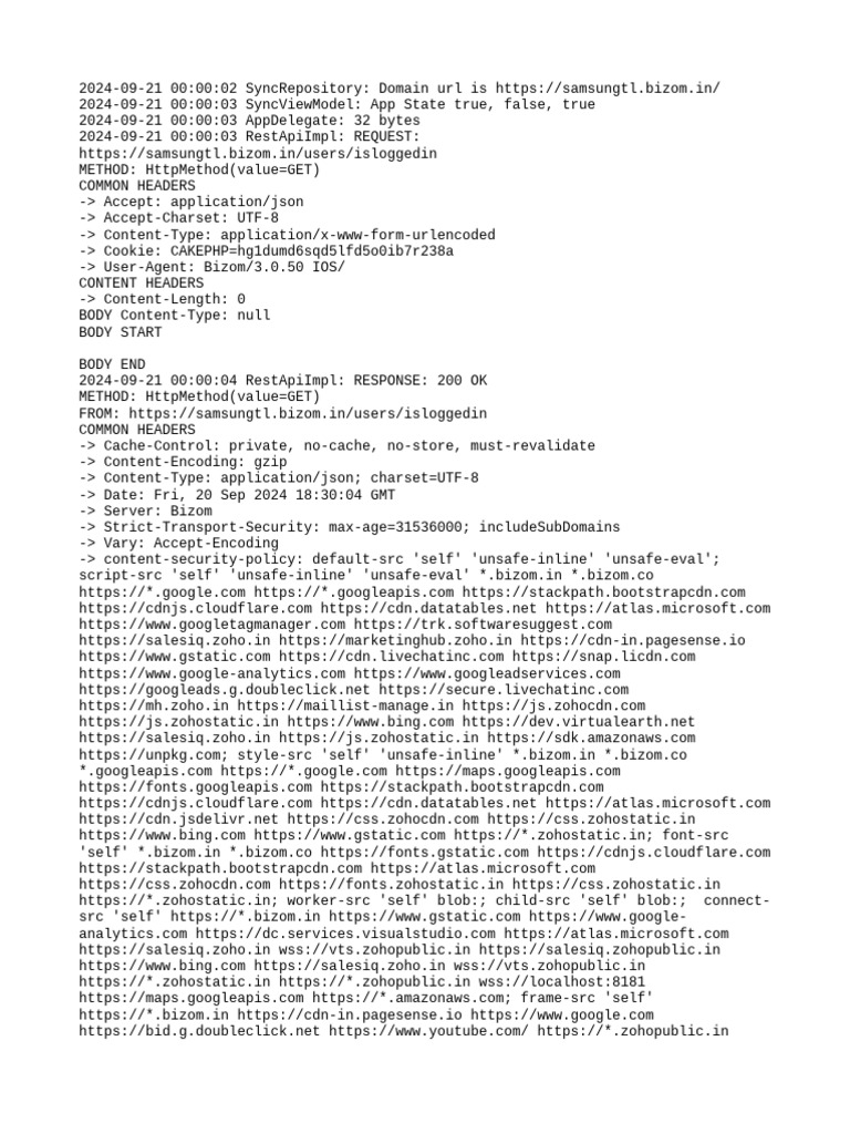 Bizom API Login and Auth Status Logs | PDF | Http Cookie | Computer Data