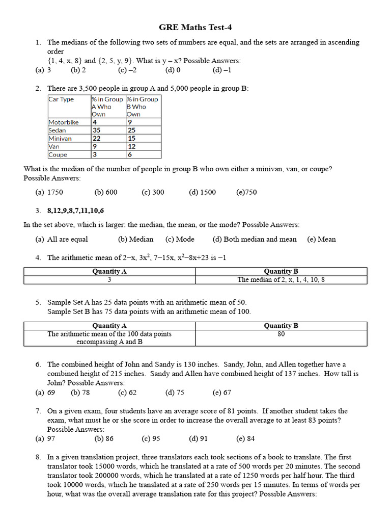 GRE Maths Test-4 | PDF | Mean | Arithmetic Mean