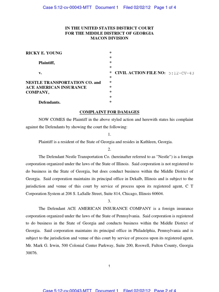 YOUNG v. NESTLE TRANSPORTATION COMPANY Et Al Complaint | PDF | Diversity Jurisdiction | Lawsuit
