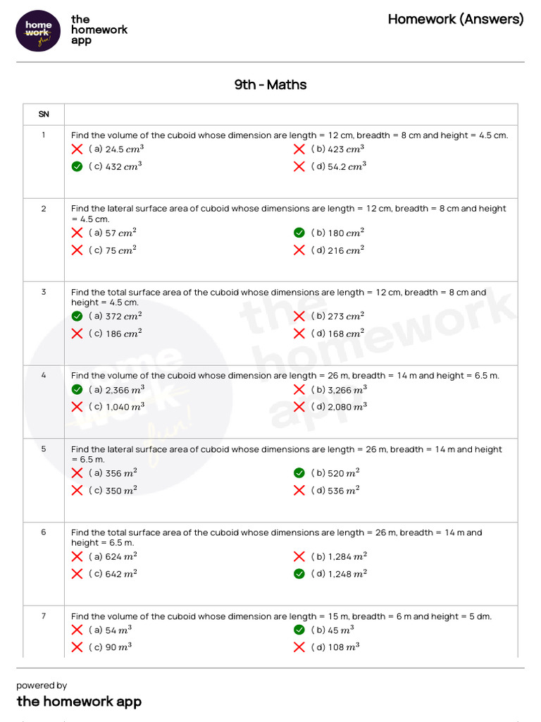 Answers - Homework - 9th - Maths - 2024-12-07T20 - 40 | PDF | Sphere | Area