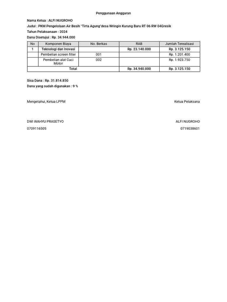 PKM Pengelolaan Air Besih _Tirta Agung_desa Wringin Kurung Baru RT 06 RW 04Gresik-4 | PDF