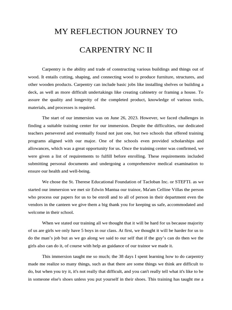 My Reflection Journey To Carpentry NC II | PDF | Carpentry