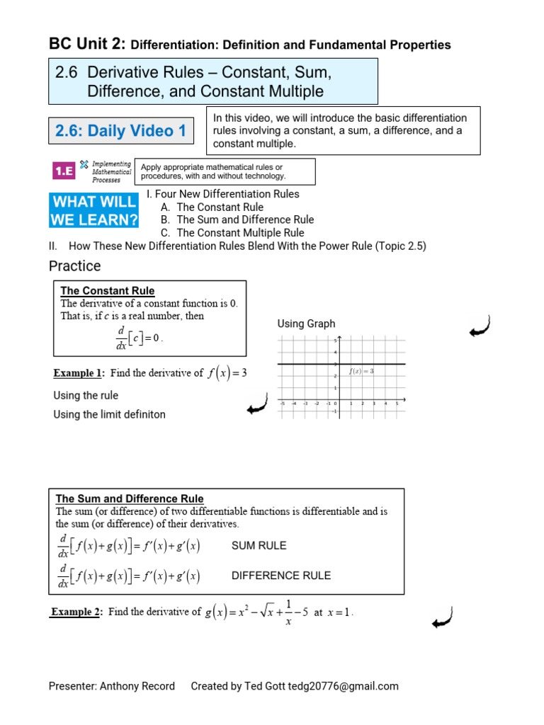 AP Classroom BC Unit 2.6 - 2.10 Video Guided Notes | PDF | Derivative ...