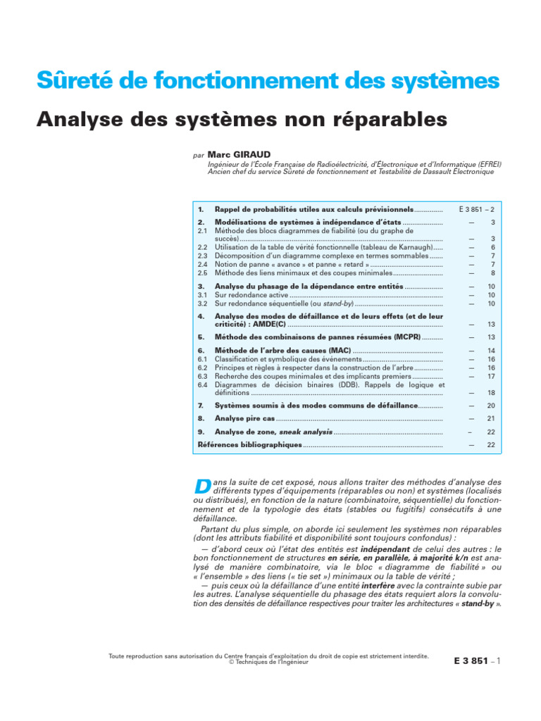Sûreté de Fonctionnement Des Systems Analyse Des Systèmes Non ...