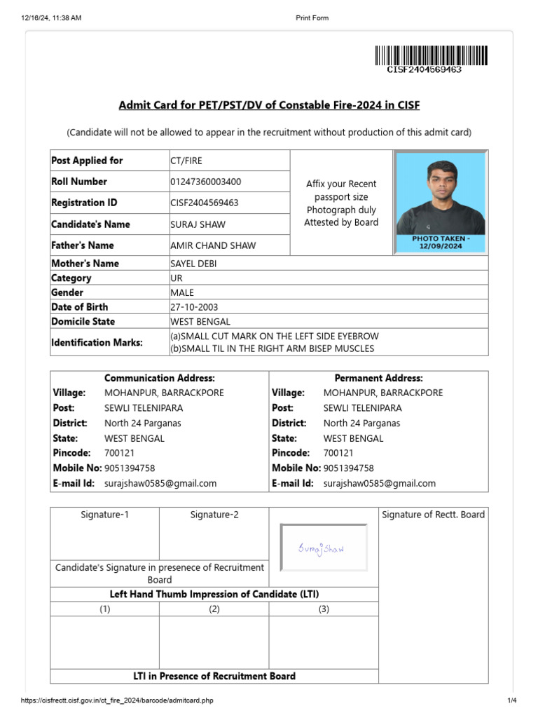 CISF Fire Man Admit Card | PDF | Personal Identification Number ...