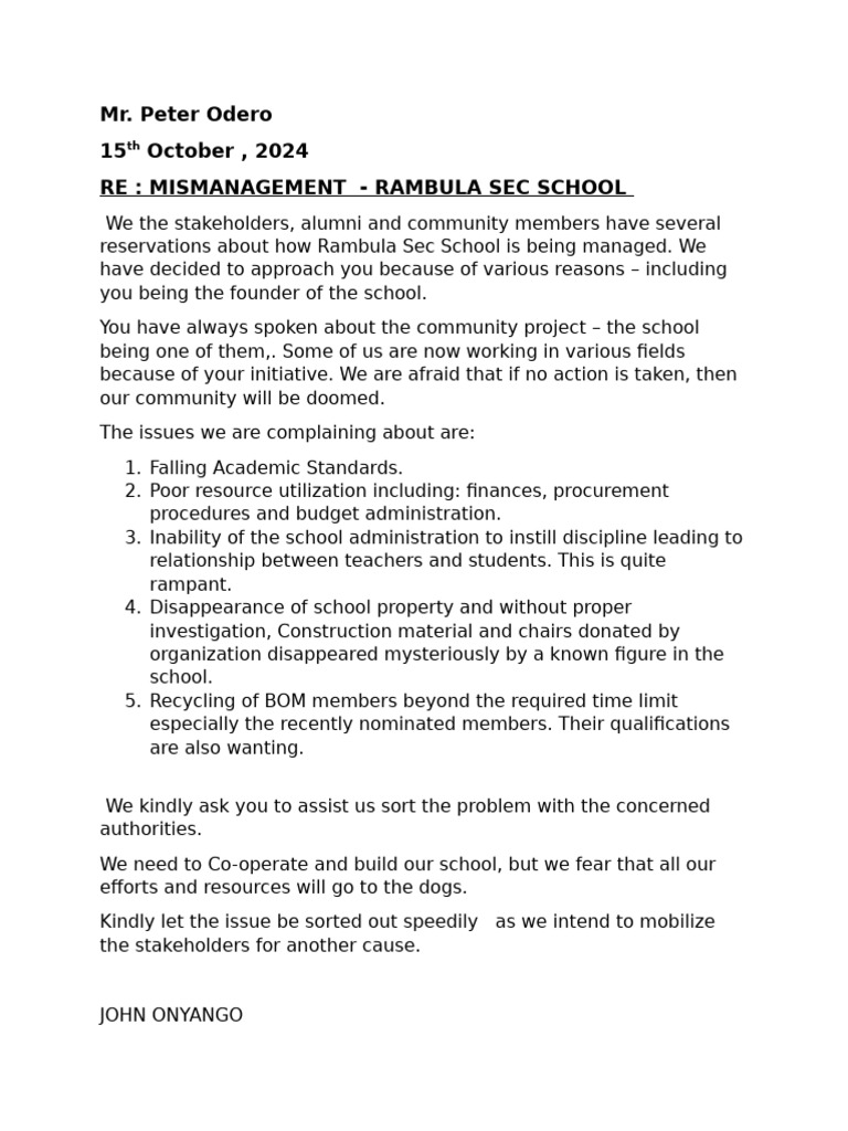 Mr. Peter Odero 15 October, 2024 Re: Mismanagement - Rambula Sec School ...
