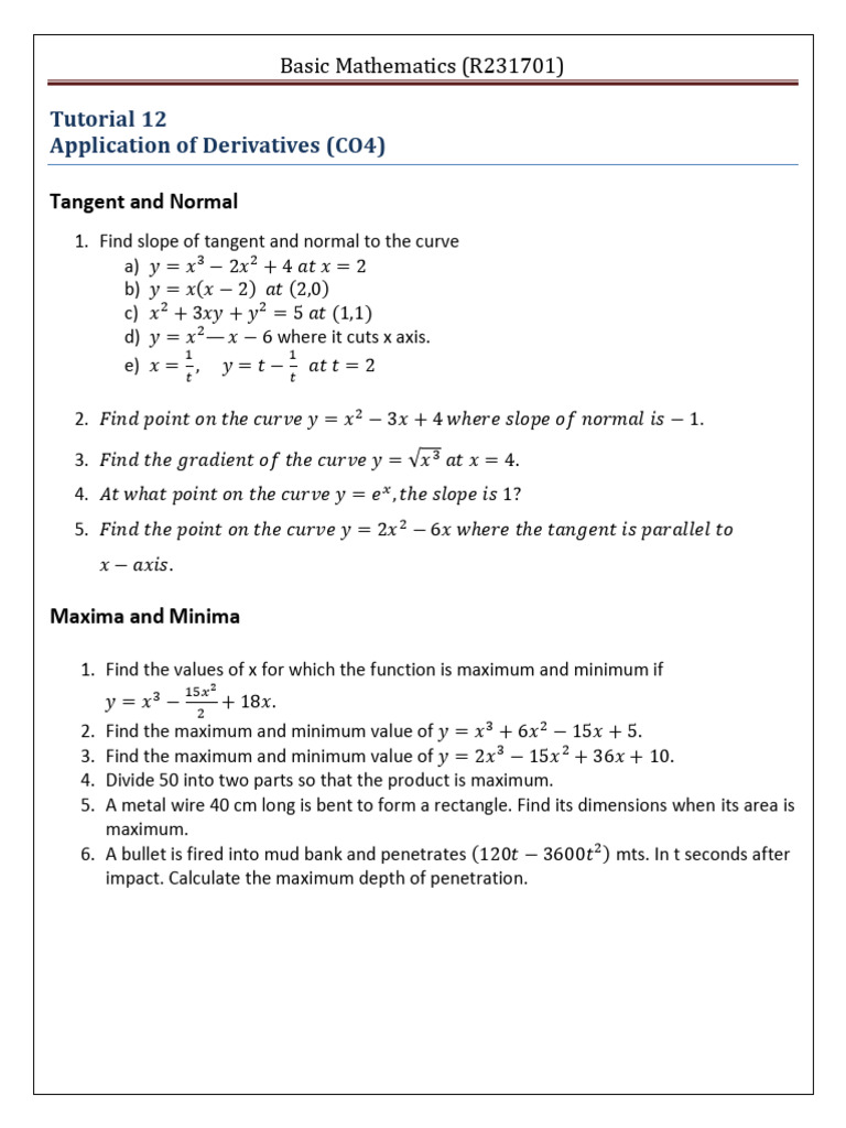 Derivatives and Optimization Problems | PDF