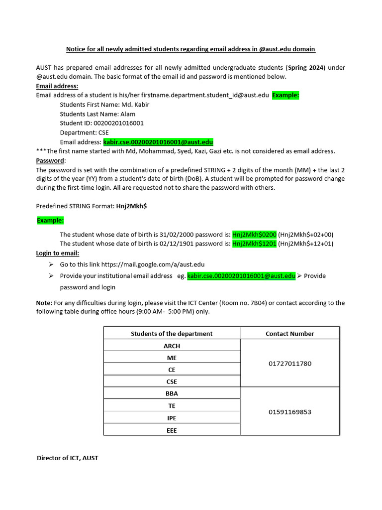 Email ID and Password Format Info of AUST Student Spring 2024 | PDF