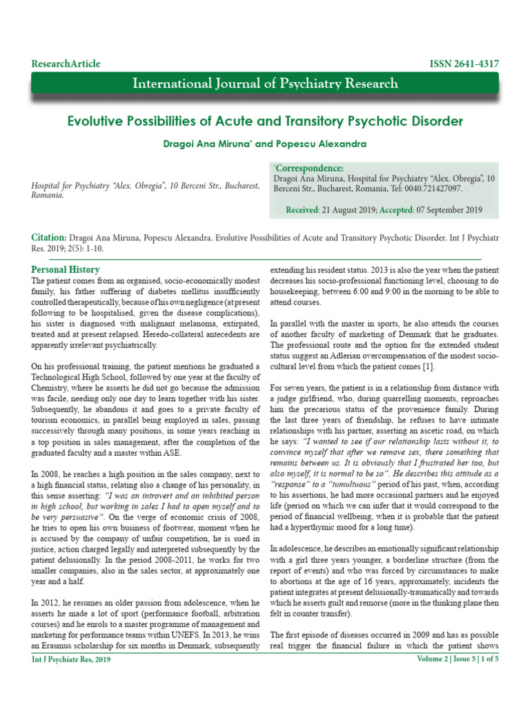 Evolutive Possibilities of Acute and Transitory Psychotic Disorder ...