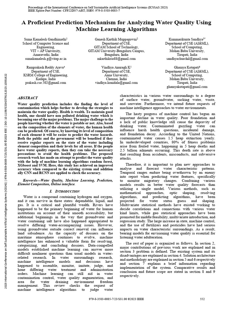 A Proficient Prediction Mechanism For Analyzing Water Quality Using Machine Learning Algorithms ...