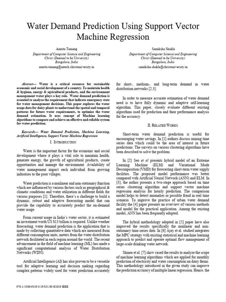 Water Demand Prediction Using Support Vector Machine Regression | PDF | Machine Learning | Time ...