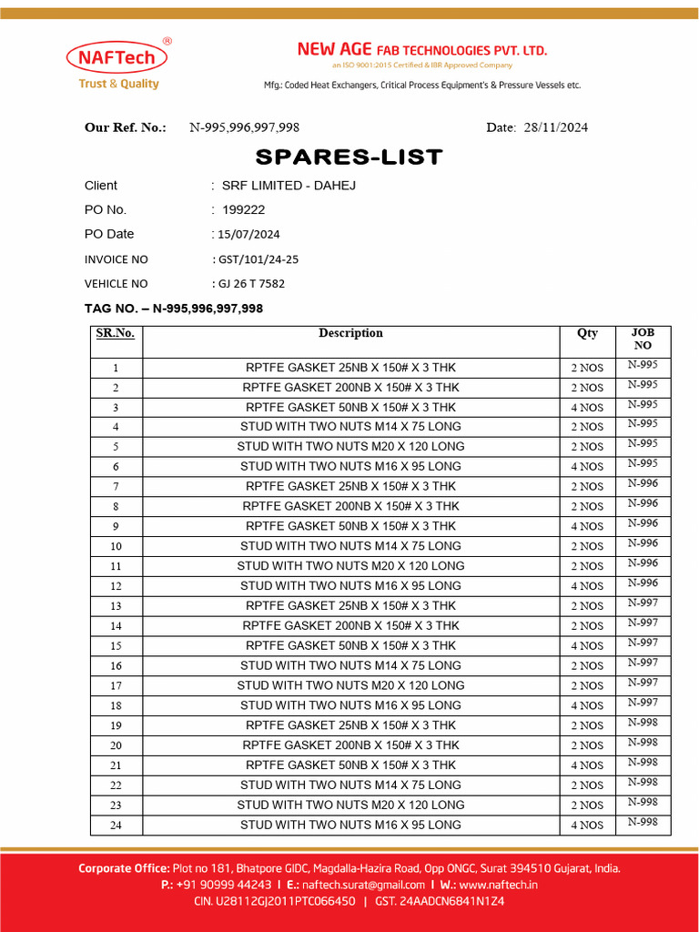 Spare List | PDF
