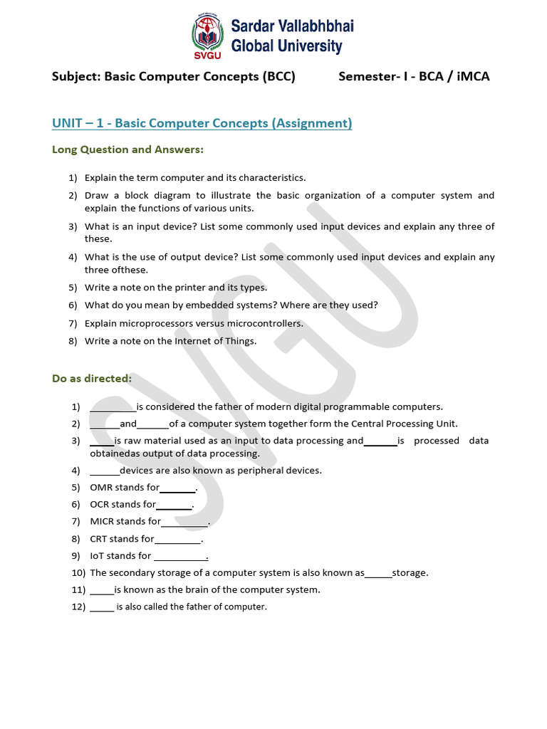Unit 1 - Basic Computer Concepts (Assignment) | PDF